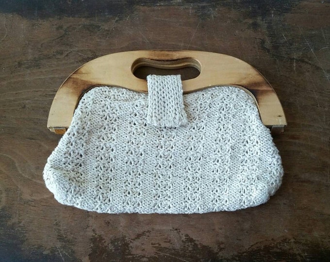 Vintage Bermuda Bag Cream Beige Crochet W Wood Handle Snap Closure Bag ...