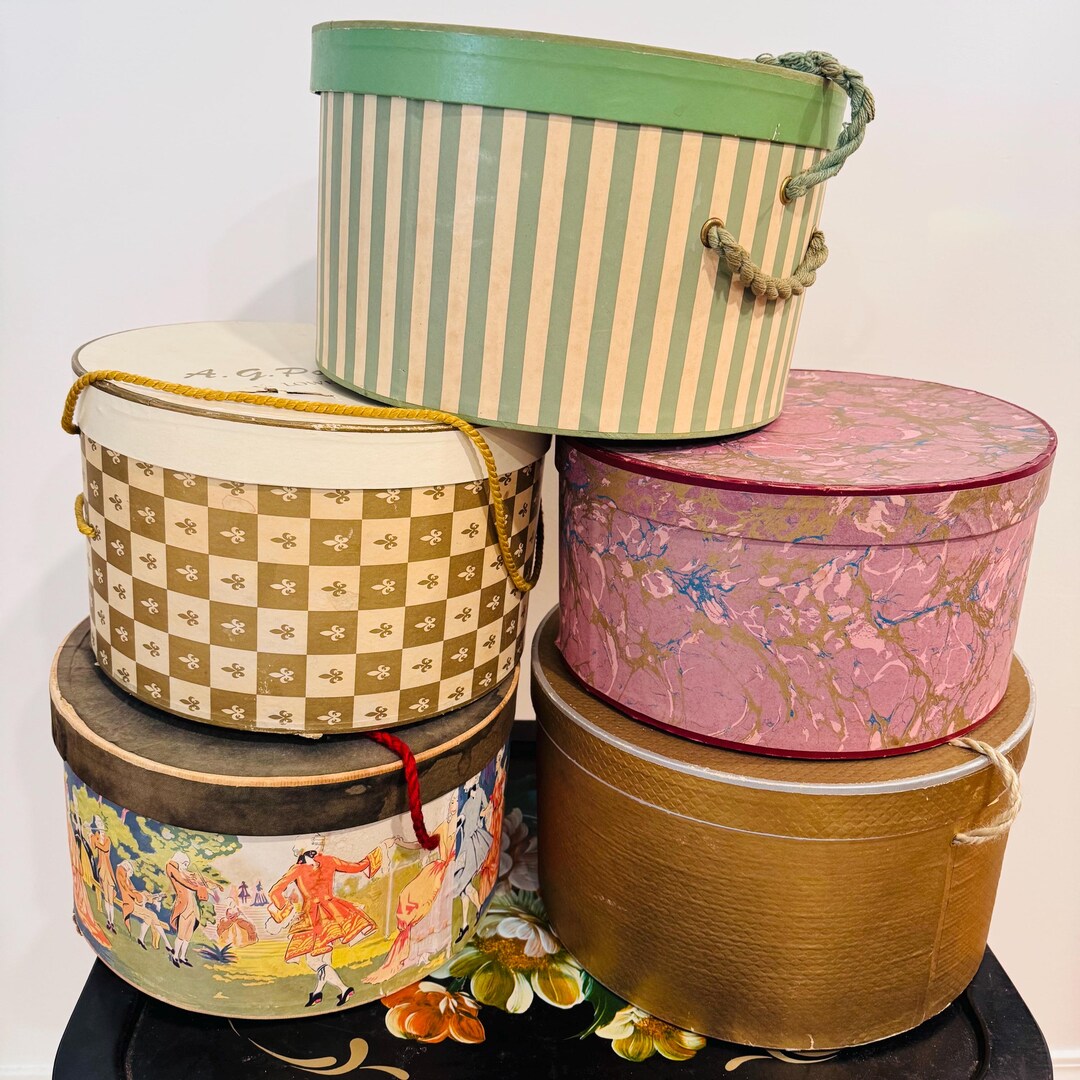 Vintage Hat Boxes Pick One Department Store Hatbox Striped Hatbox Hat Storage Wig Box Round Gold ...