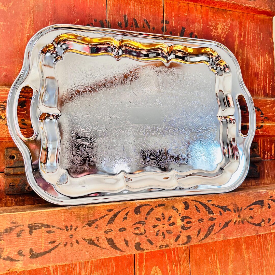 Vintage Silver Chrome Etched Serving Tray With Handles Made in USA ...