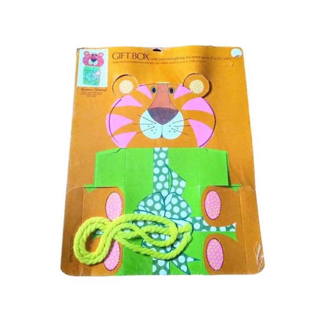 Vintage Gift Box 70s Kids Paper Tuck and Folding Gift Box Cute Tiger ...