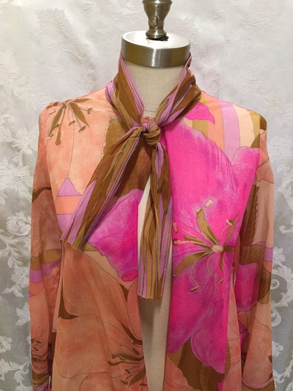 Vintage Sheer Open Blouse Shell Orange Hot Pink Flora… - Gem
