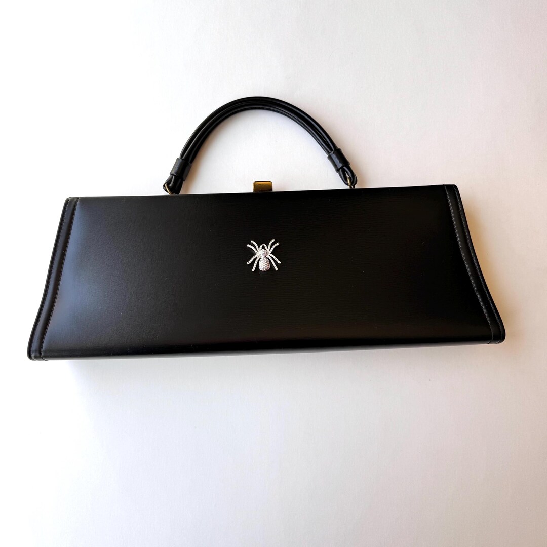 Vintage Black Vinyl Spider Handbag Convertible Clutch Purse Top Handle ...