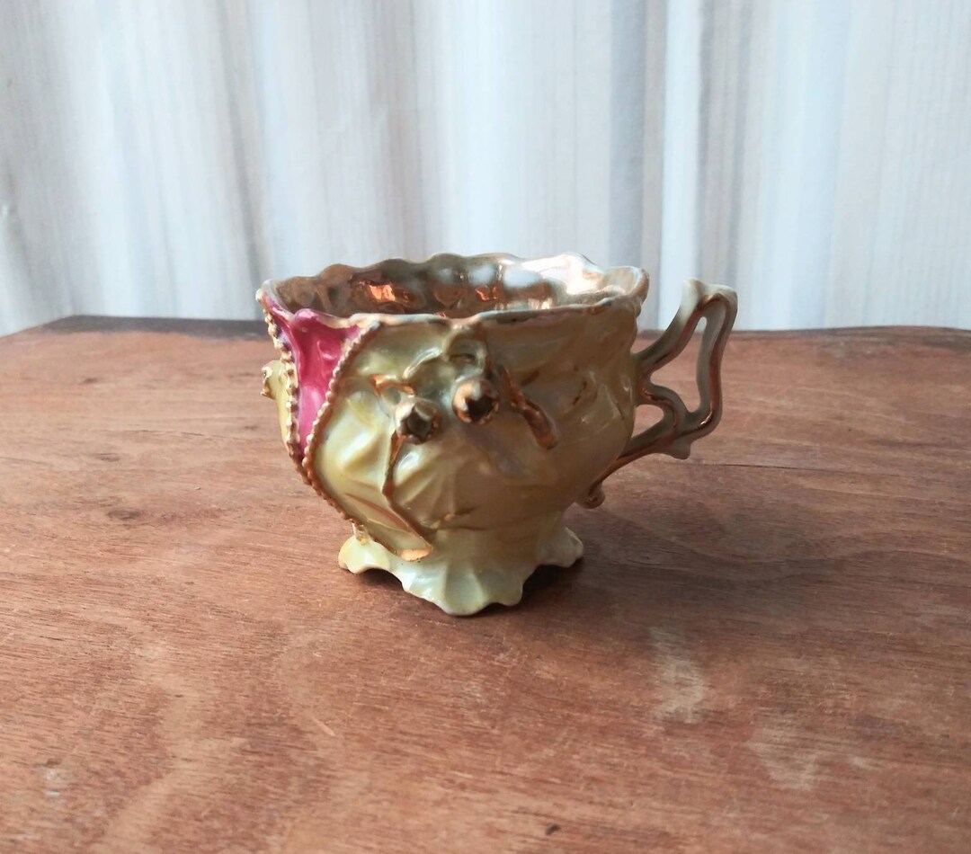 Vintage Tiny Tea Cup Pastel Yellow W Flowers Red Pink Accent Gold ...