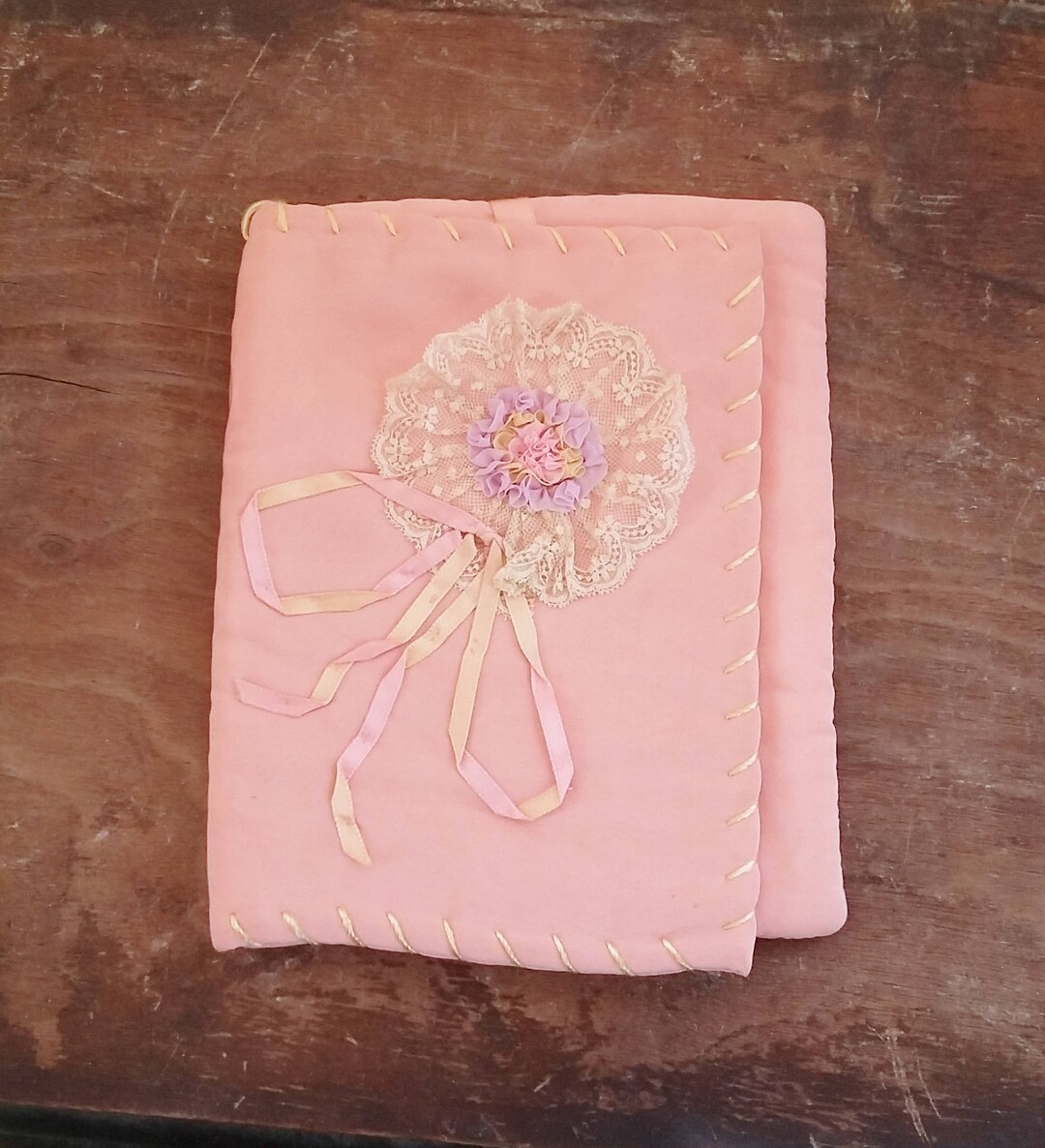 Vintage Fabric Book Cover, Peach Salmon Lace Rosette, 1930s Shabby Chic ...