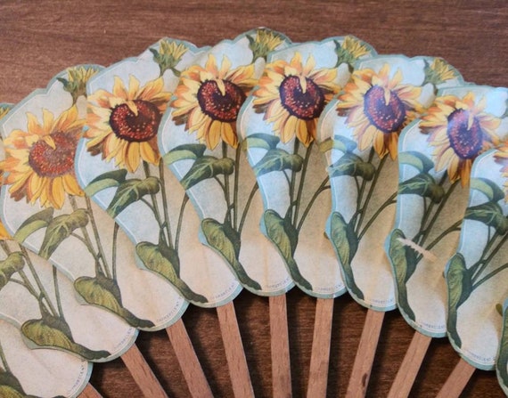 Antique French Hand Fan Paper Sunflower Wood Handle C… - Gem