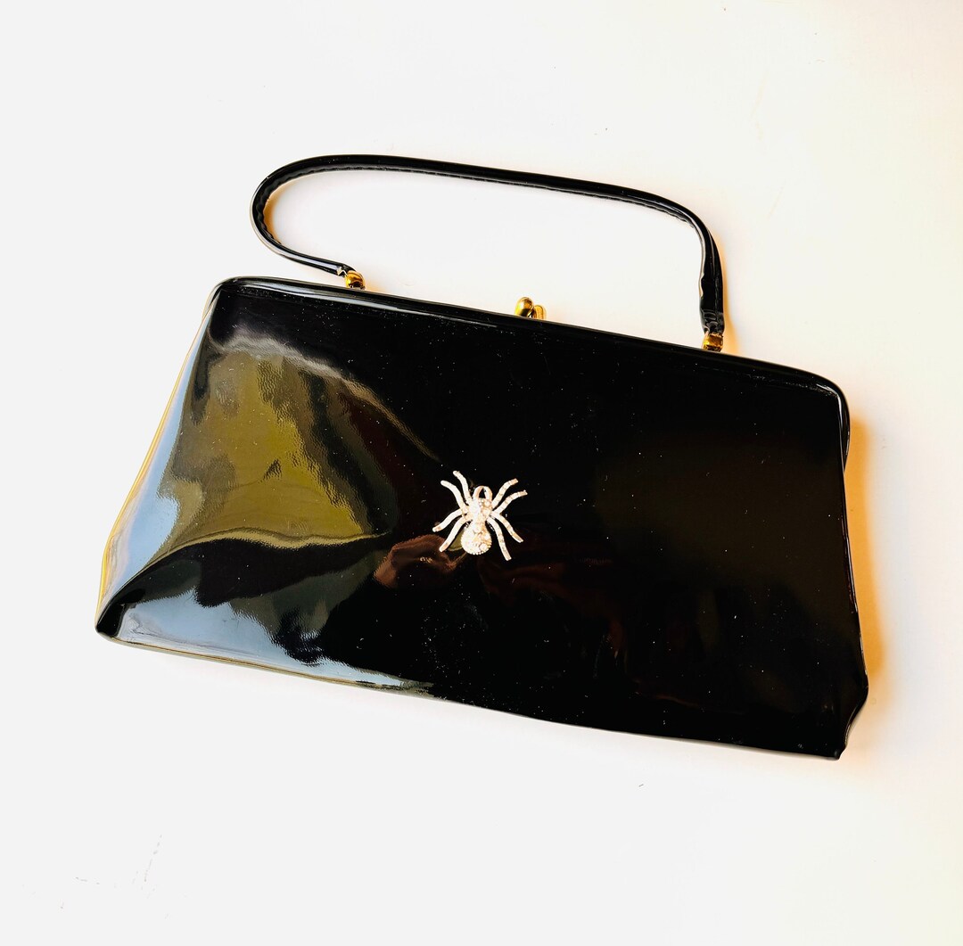 Vintage Black Patent Leather Spider Purse Goth Handbag Upcycled Witchy ...