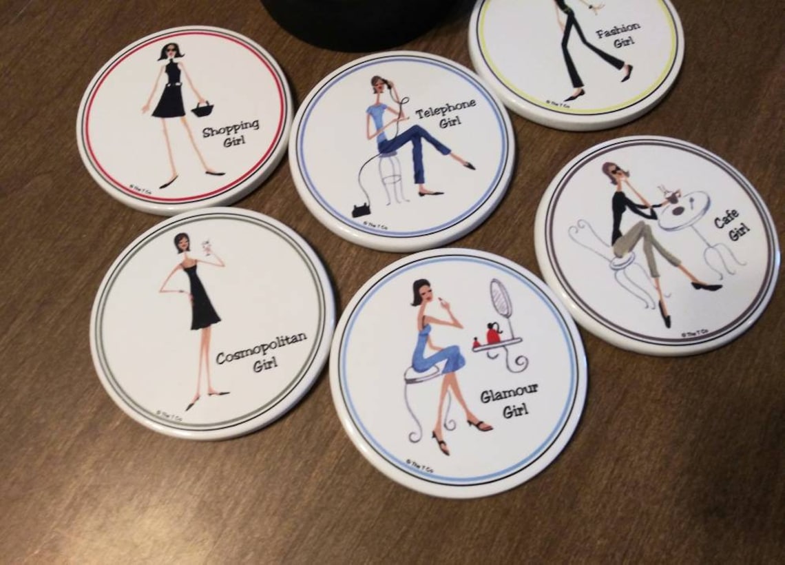 Vintage Ceramic Coaster Set Shopping Girl 6 Coasters Fashion - Etsy