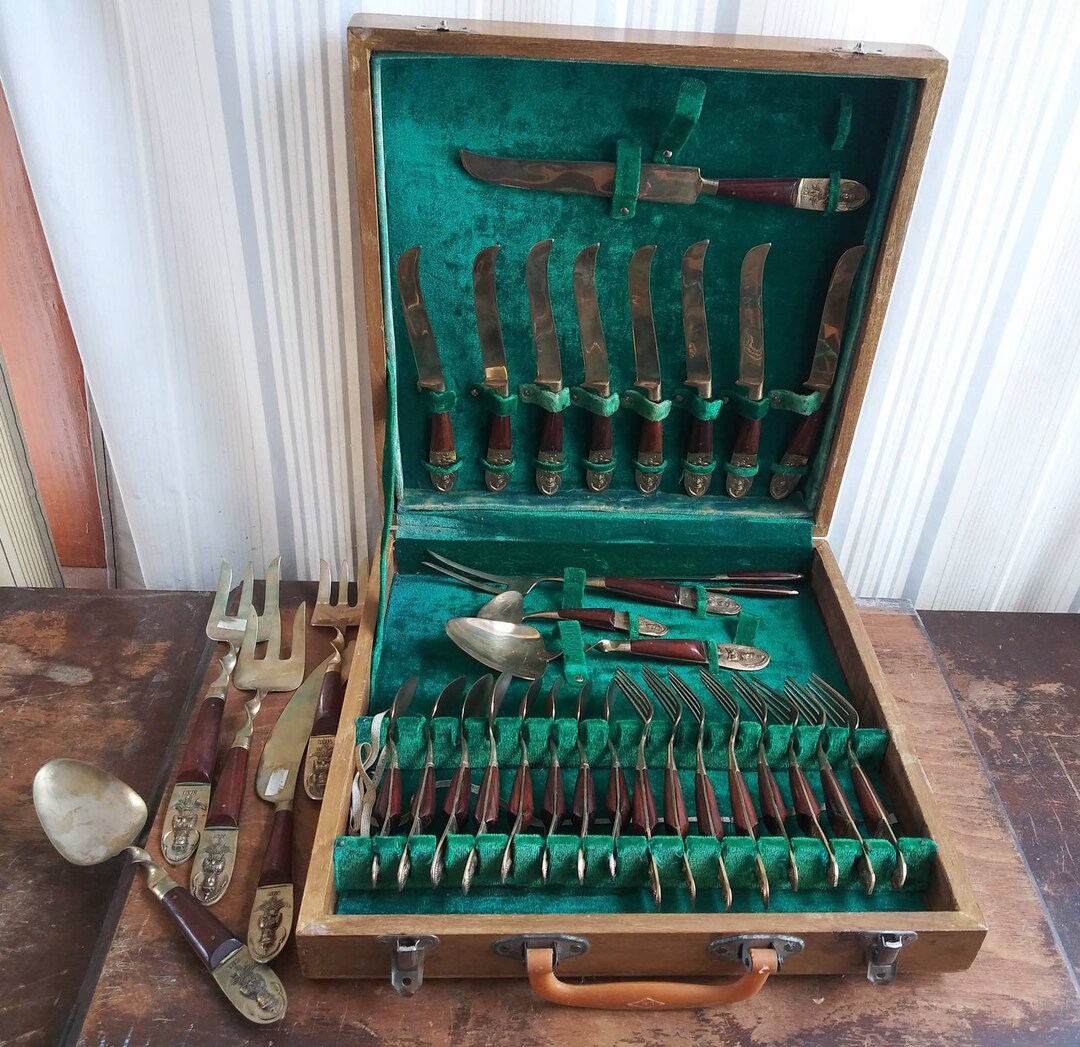 Vintage Siam Silverware Flatware Set in Wood Box SIAM Bronze & Rosewood ...