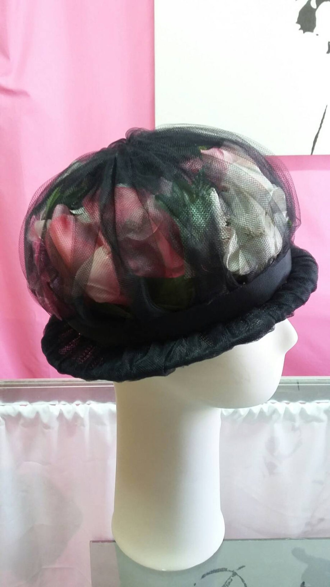 Vintage Black Net Hat With Pink Velvet Flowers, 1960s Fashion - Etsy