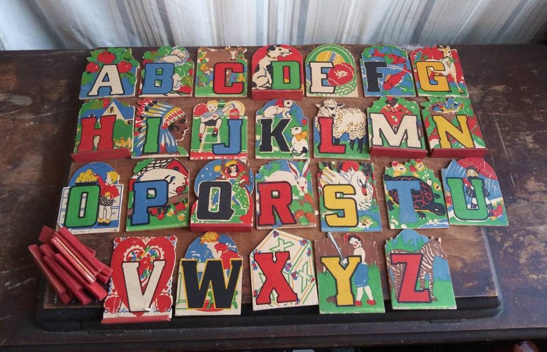 Vintage Toy Alphabet Spelling Primitive Letters Pictures Poems Wood ...