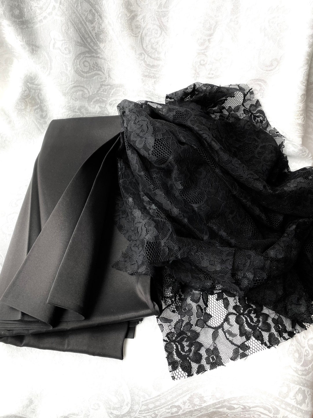 Black Satin Fabric Black Lace Remnants | Black Chantilly Lace Scrap ...