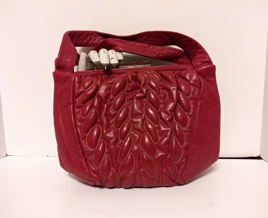 Vintage Red Leather Handbag PB Puffy w Two Pockets Ornate | Etsy