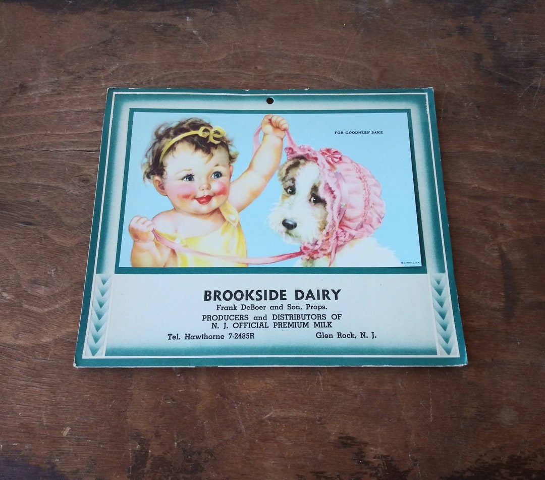 1944 Brookside Dairy Calendar, Baby & Dog Lithograph, Vintage ...