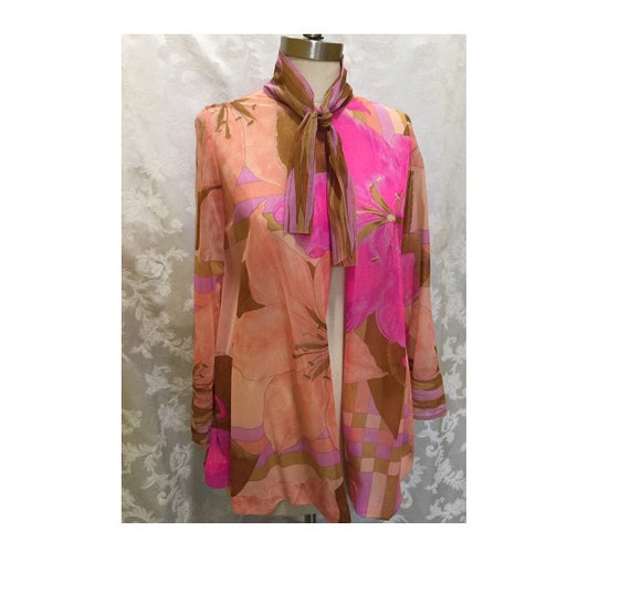 Vintage Sheer Open Blouse Shell Orange Hot Pink Flora… - Gem