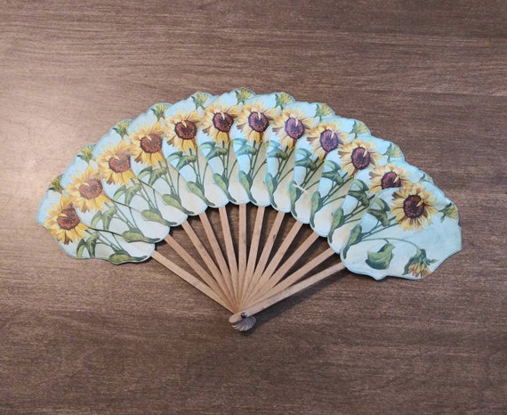 Antique French Hand Fan Paper Sunflower Wood Handle C… - Gem