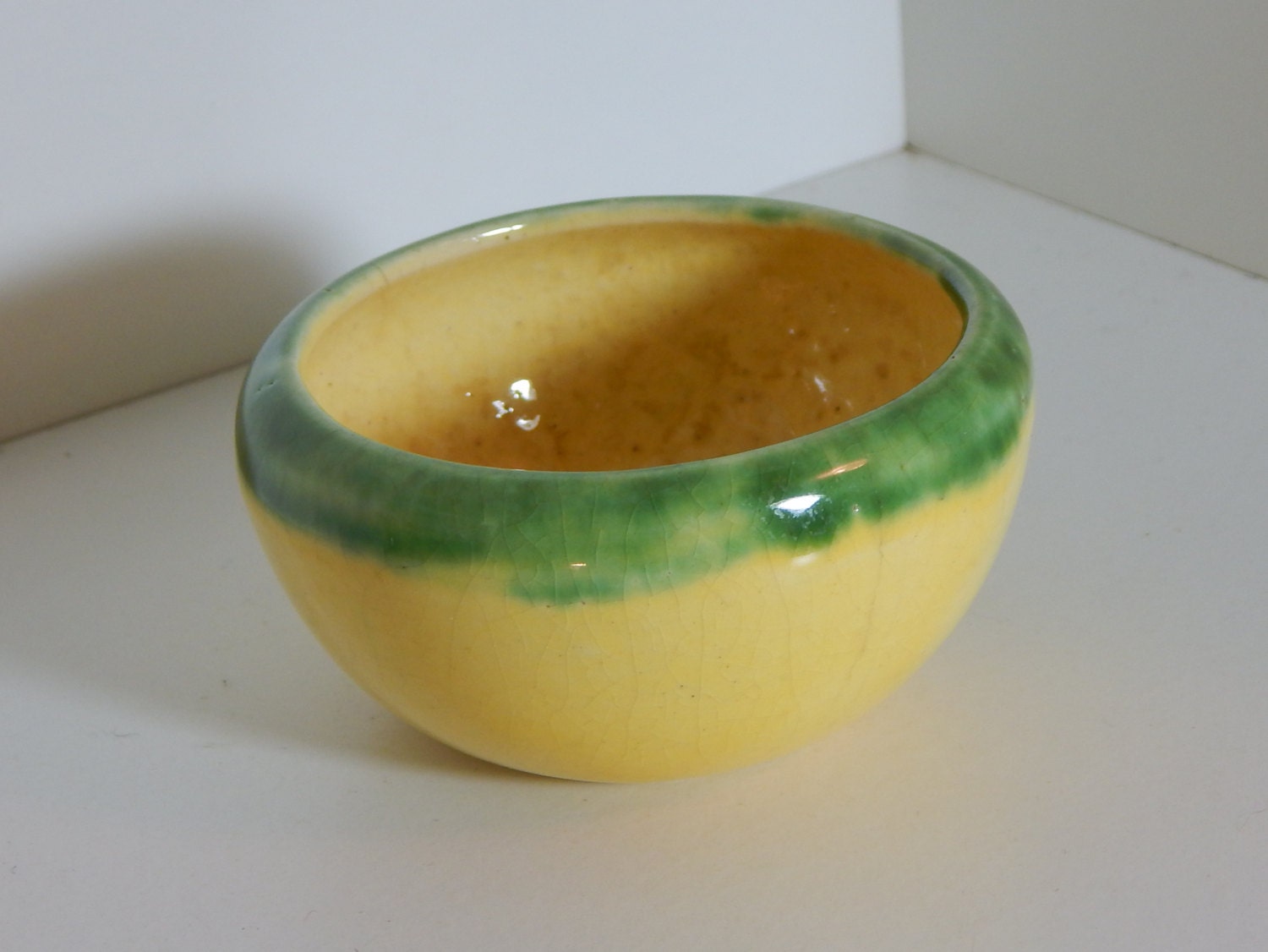 Vintage Yellow Pottery Bowl With Grass Green Rim Small Mid - Etsy