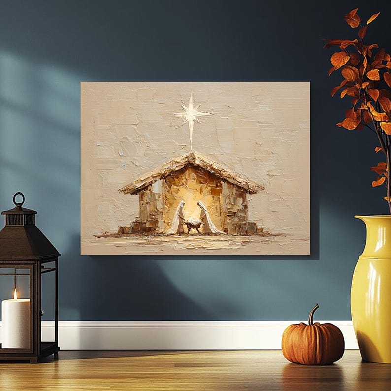 Nativity Star Canvas: Holy Family Christmas Scene in Warm Golden Light ...