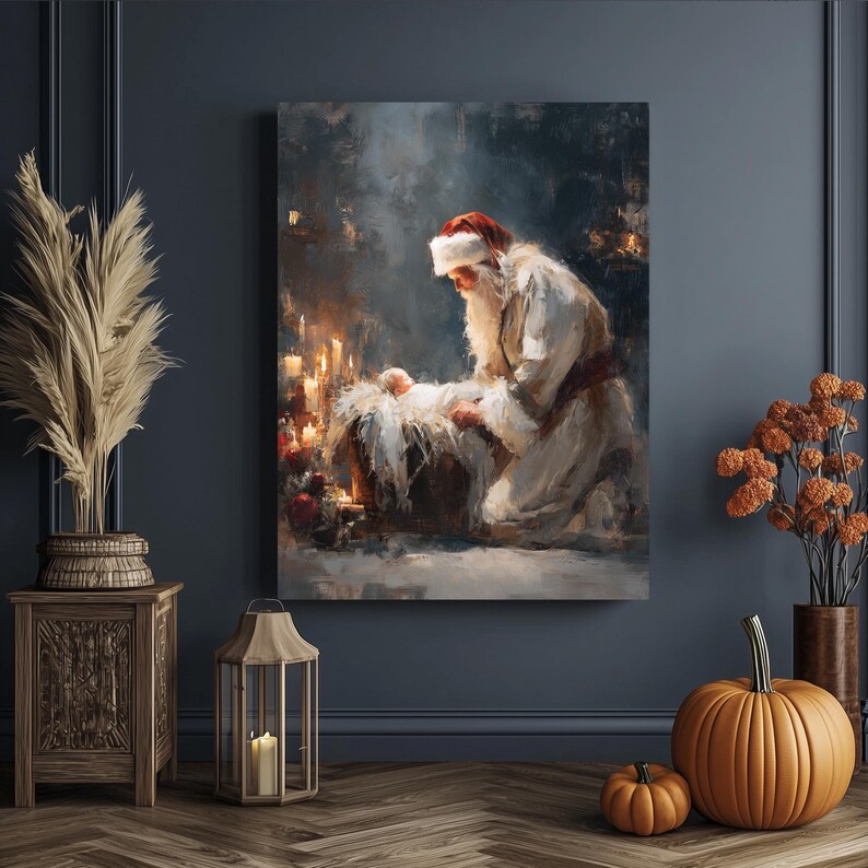 Santa Praying Over Baby Jesus Canvas Print – Christmas Nativity Wall ...