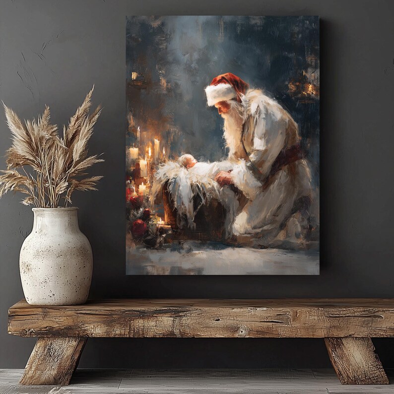 Santa Praying Over Baby Jesus Canvas Print – Christmas Nativity Wall ...