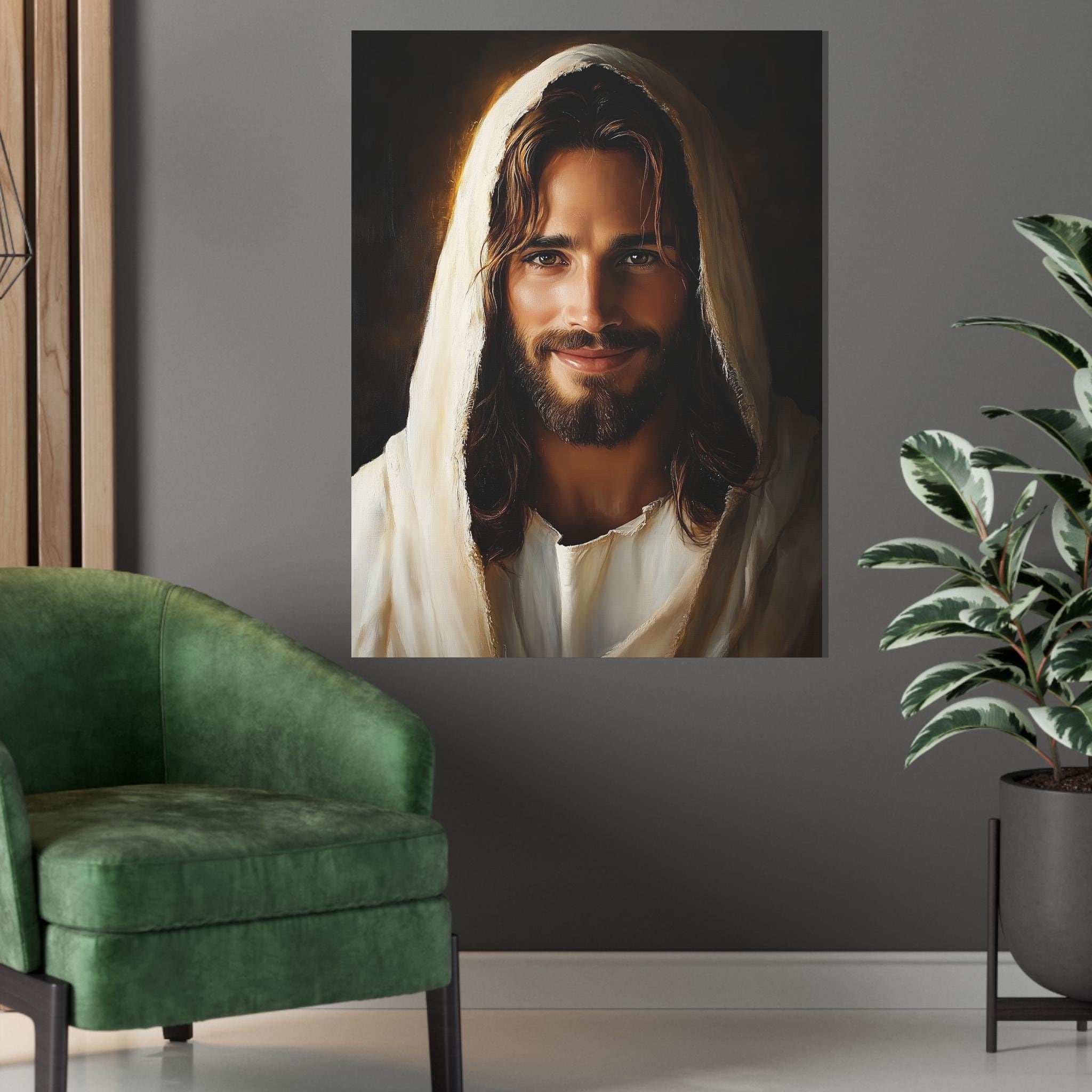 Smiling Jesus Portrait Canvas Wall Art | Christian Religious Painting ...