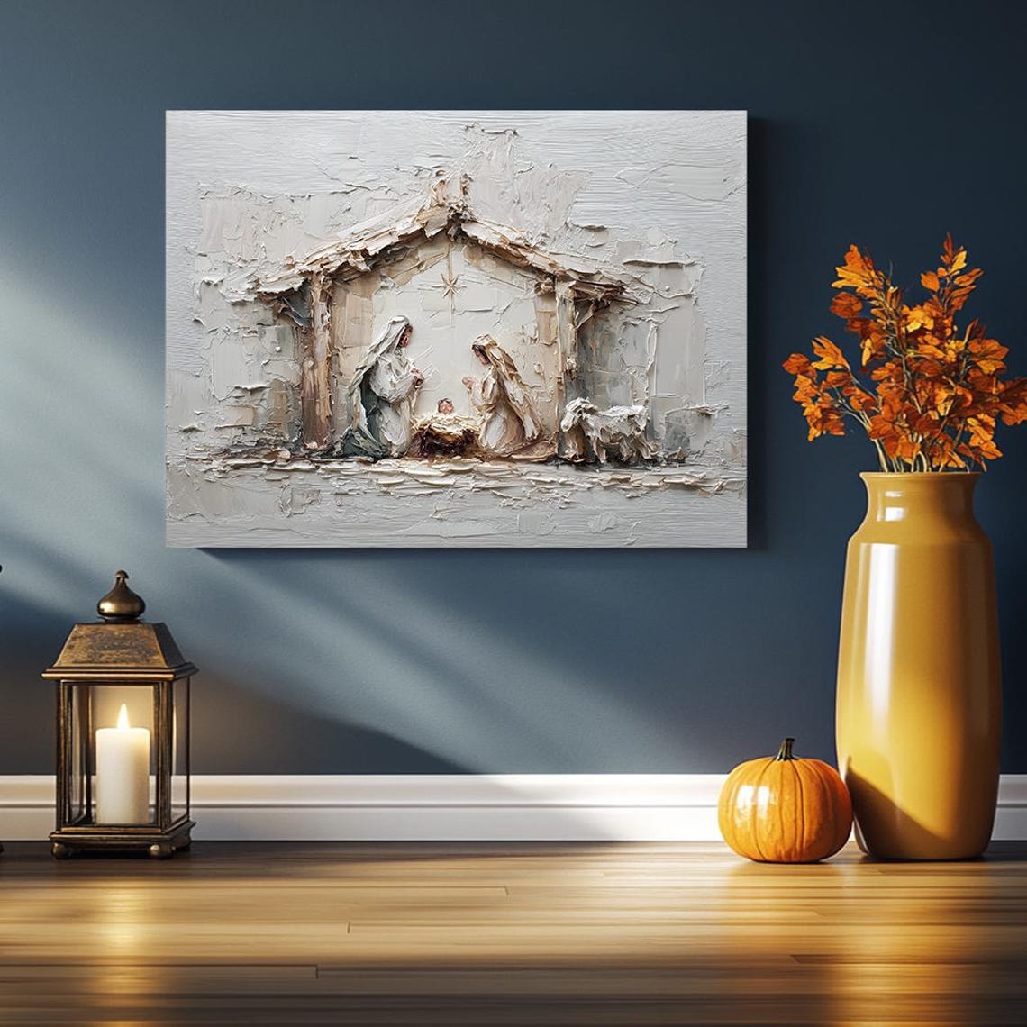 Nativity Scene Canvas Wall Art – Holy Family Christmas Manger Painting ...
