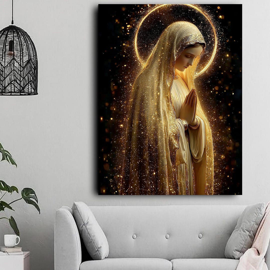 Virgin Mary Fabric Wall Art, Praying Madonna Gold Light Textile Print ...