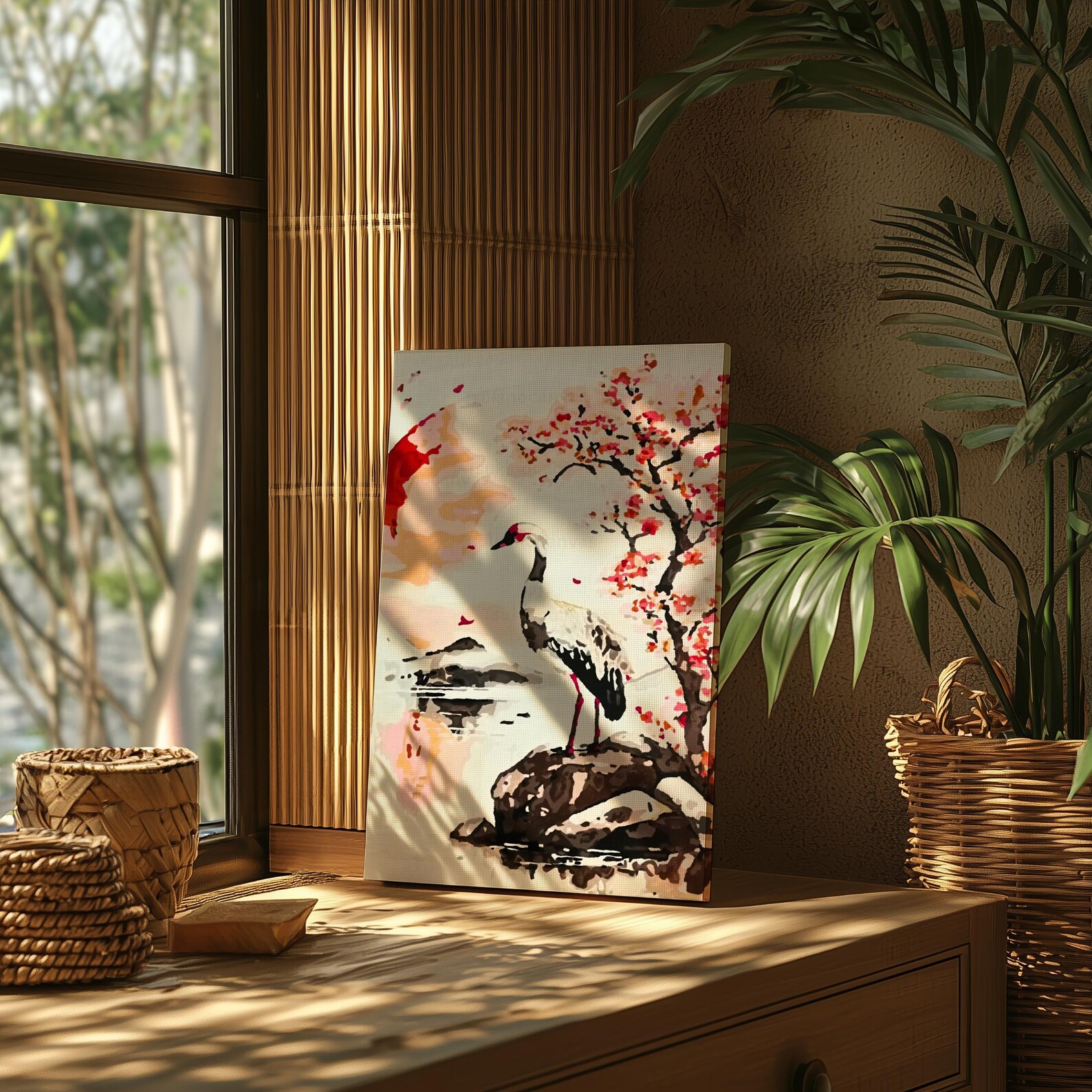 Handmade Crane Wall Art, Japanese Bird With Cherry Blossom Tree Canvas ...