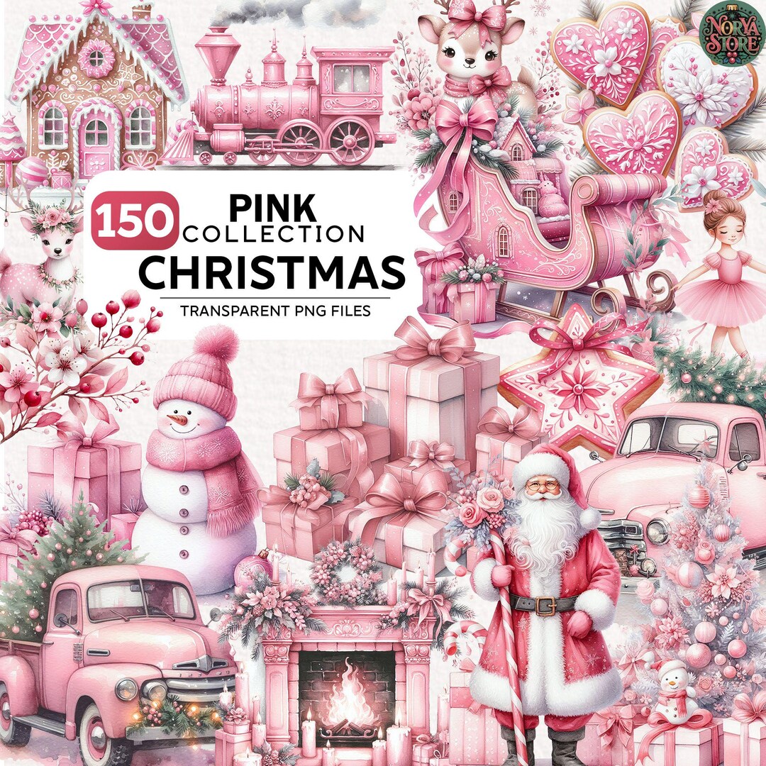 150+ Watercolor Pink Christmas Clipart Bundle, Pink Holiday Bundle Png ...