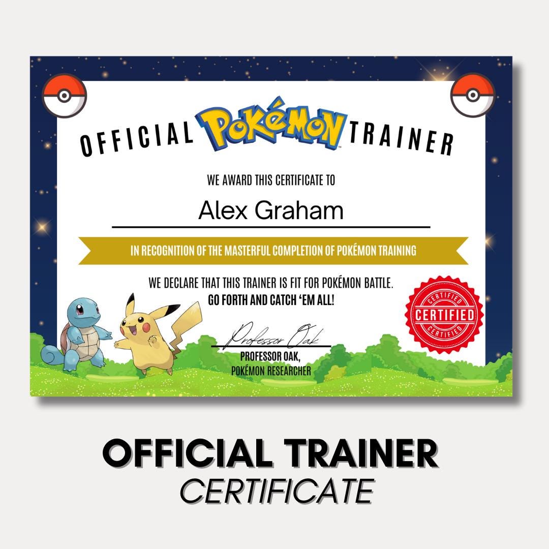 Pokemon Trainer Certificate Printable for Kids & Gamers, Birthday Party ...