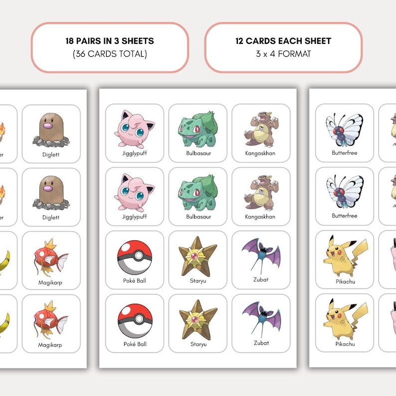 Pokemon Matching Memory Game for Kids, Printable Preschool Activity ...