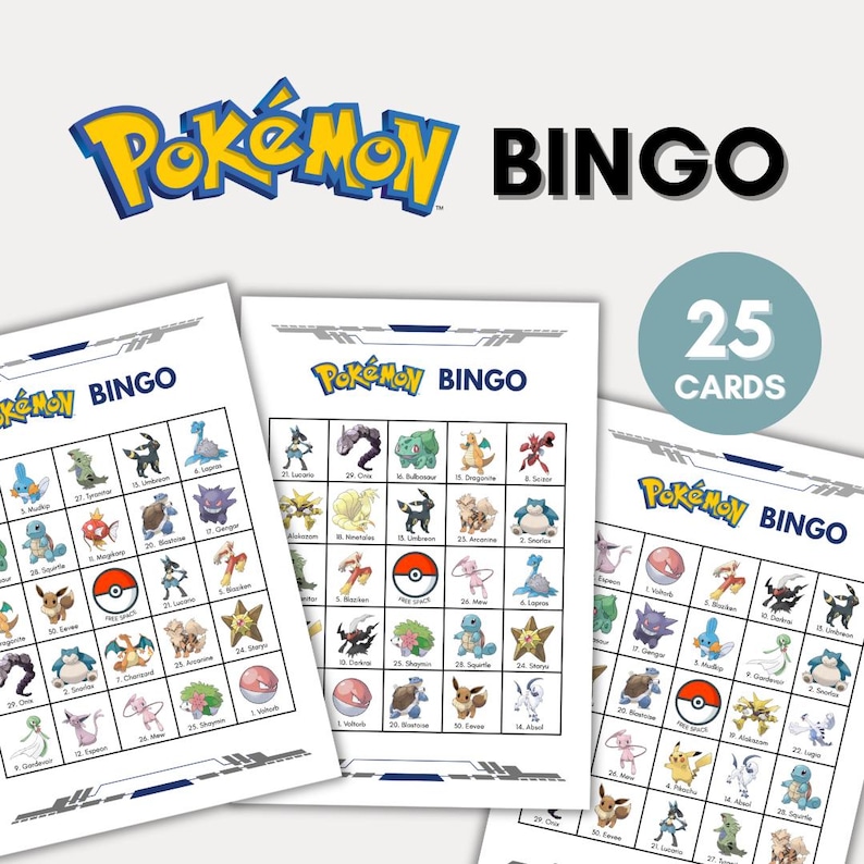 25 Pokemon Bingo Cards Printable Set, Kids Birthday Party Activity, Fun ...