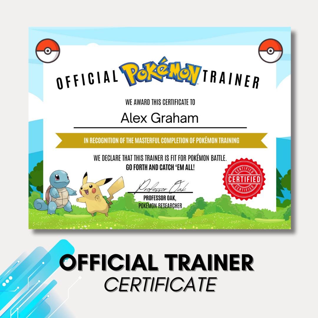 Pokemon Trainer Award Certificate Blue Printable for Kids & Gamers ...