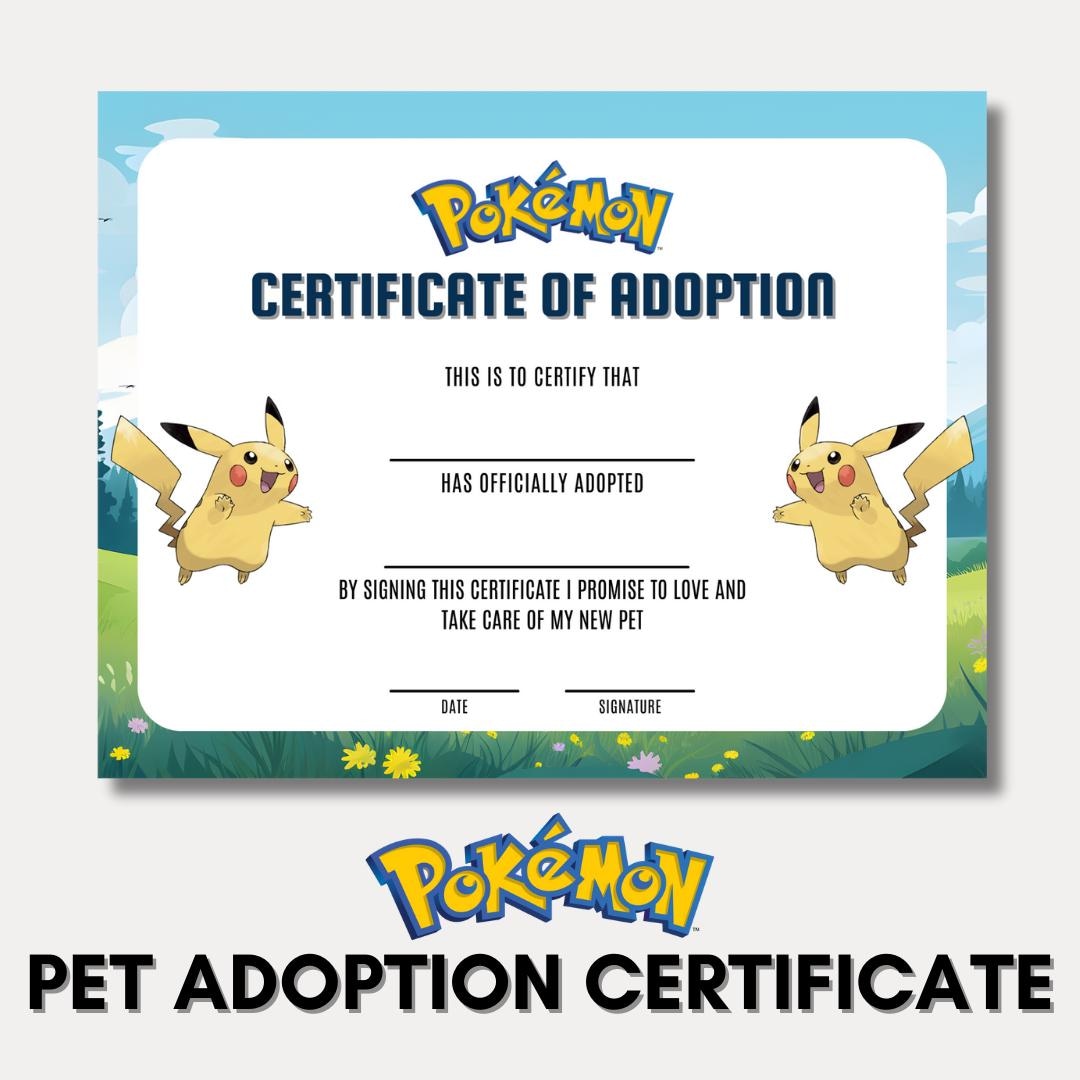 Pokemon Certificate of Adoption, Adopt a Pet, Party Station Favor Toy ...