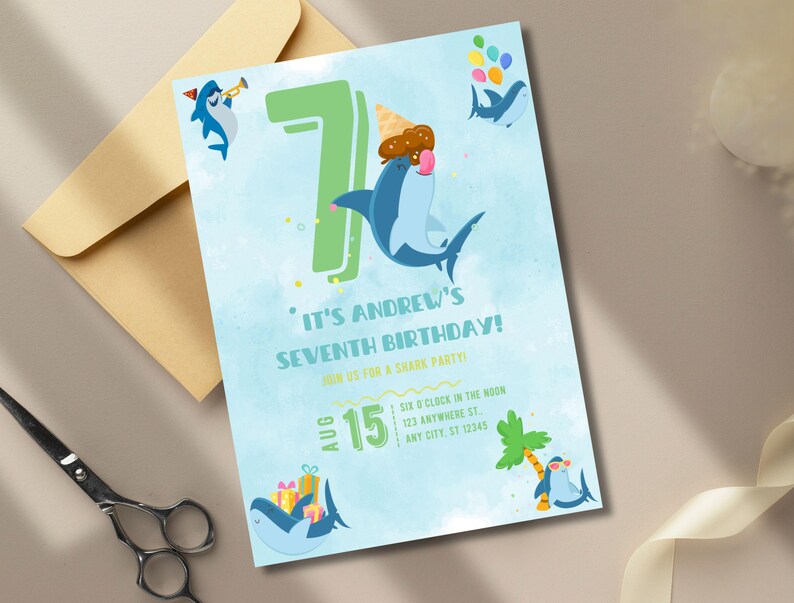 Editable Shark Birthday Invitation: 5x7 Canva Template (digital ...