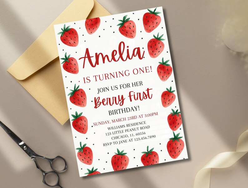 Editable Berry First Strawberry Birthday Invitation, Red Strawberry ...