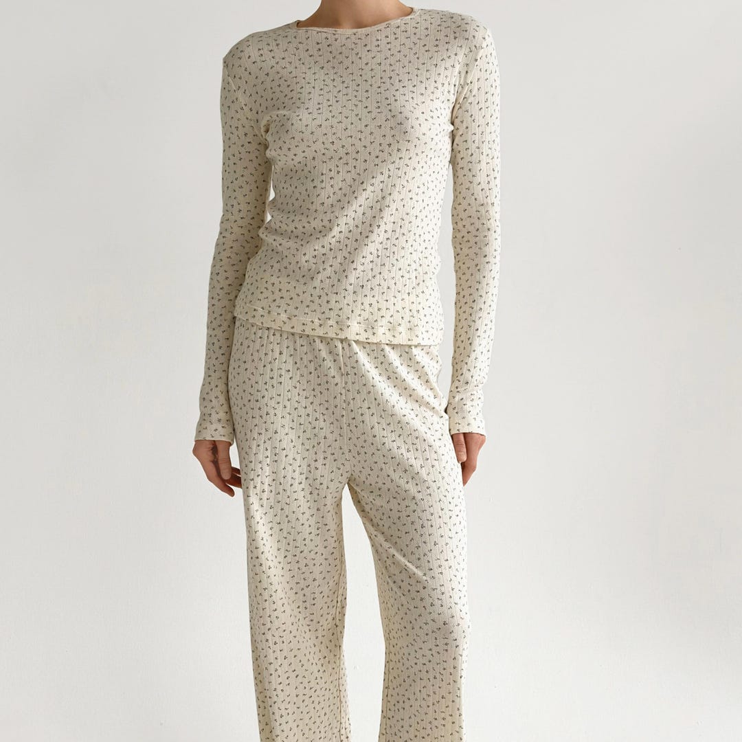 Organic Cotton Pointelle Pajama Set: Women's Soft Long Sleeve Lounge ...