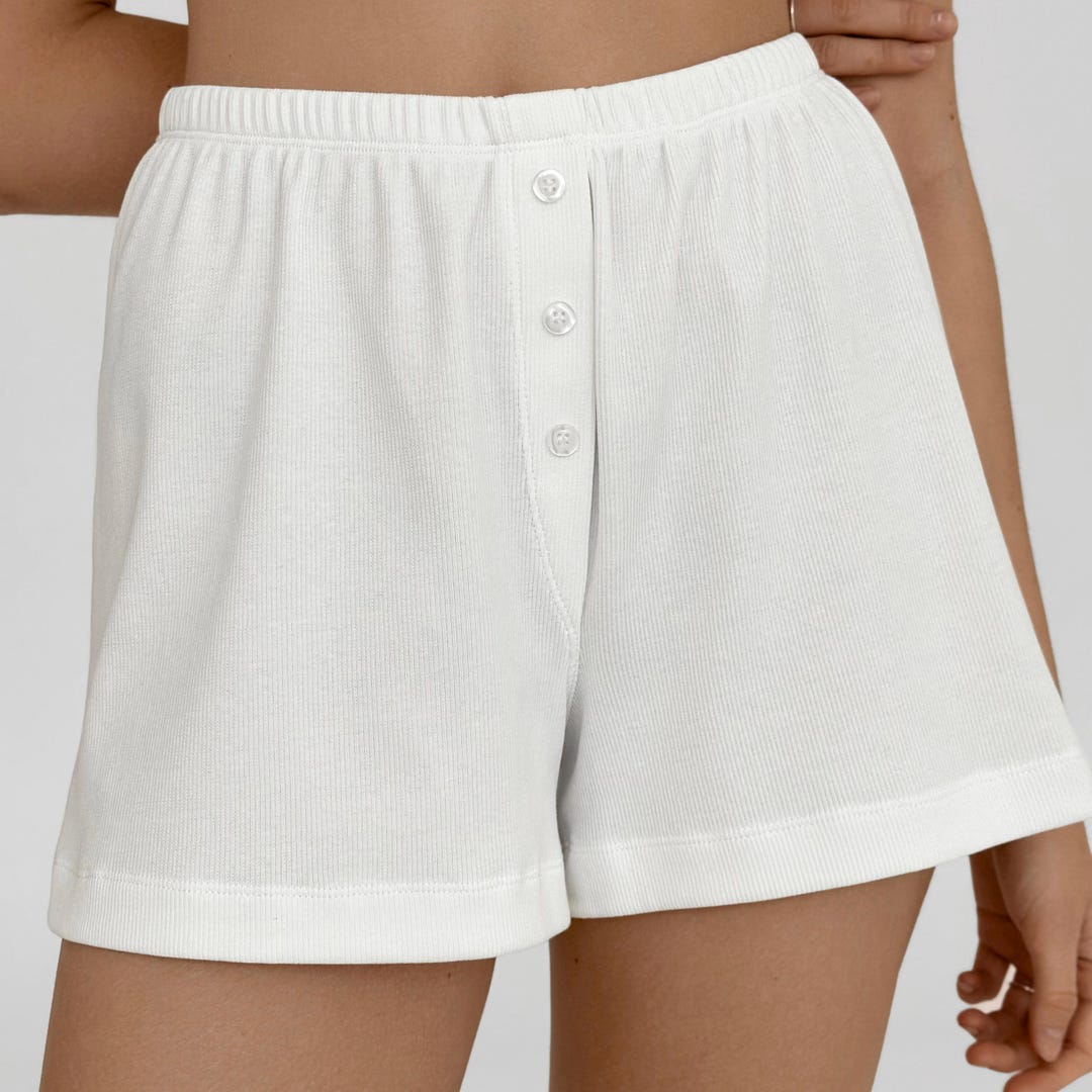 Ribbed Cotton Blend Sleep Shorts: Organic Elastic Waist Loungewear for ...