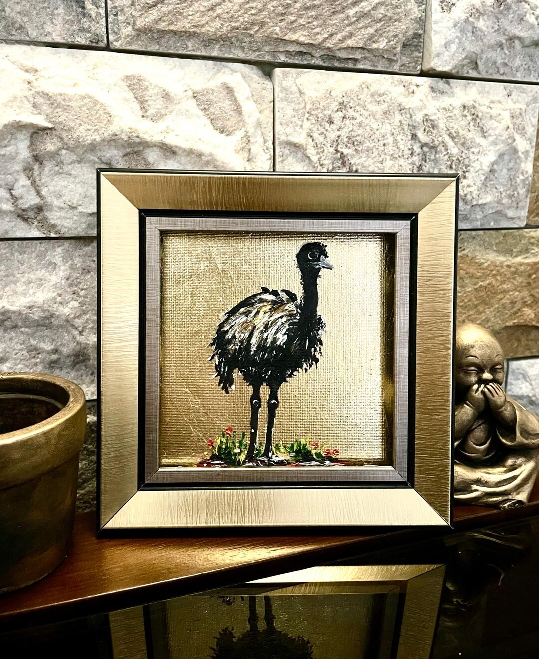 Miniature Emu Oil Painting on Gold Leaf, Original Textured Art in Gold ...