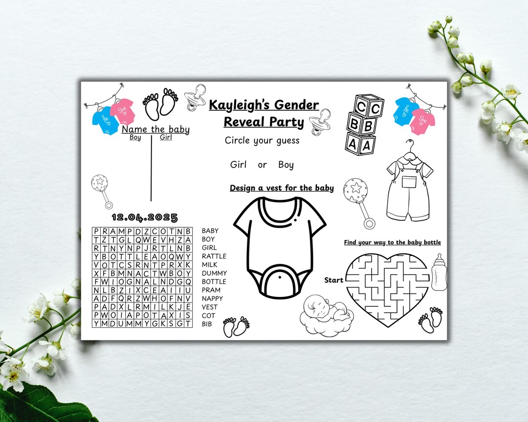 Gender Reveal Printable Activity Placemat, Gender Reveal Party Activity ...