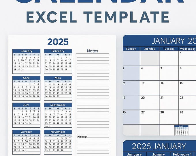 2025 Excel Calendar Template | Printable Monthly Planner + Notes ...