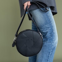Unique Round Bag, Genuine Leather Bag, Black Circle Bag, Small ...