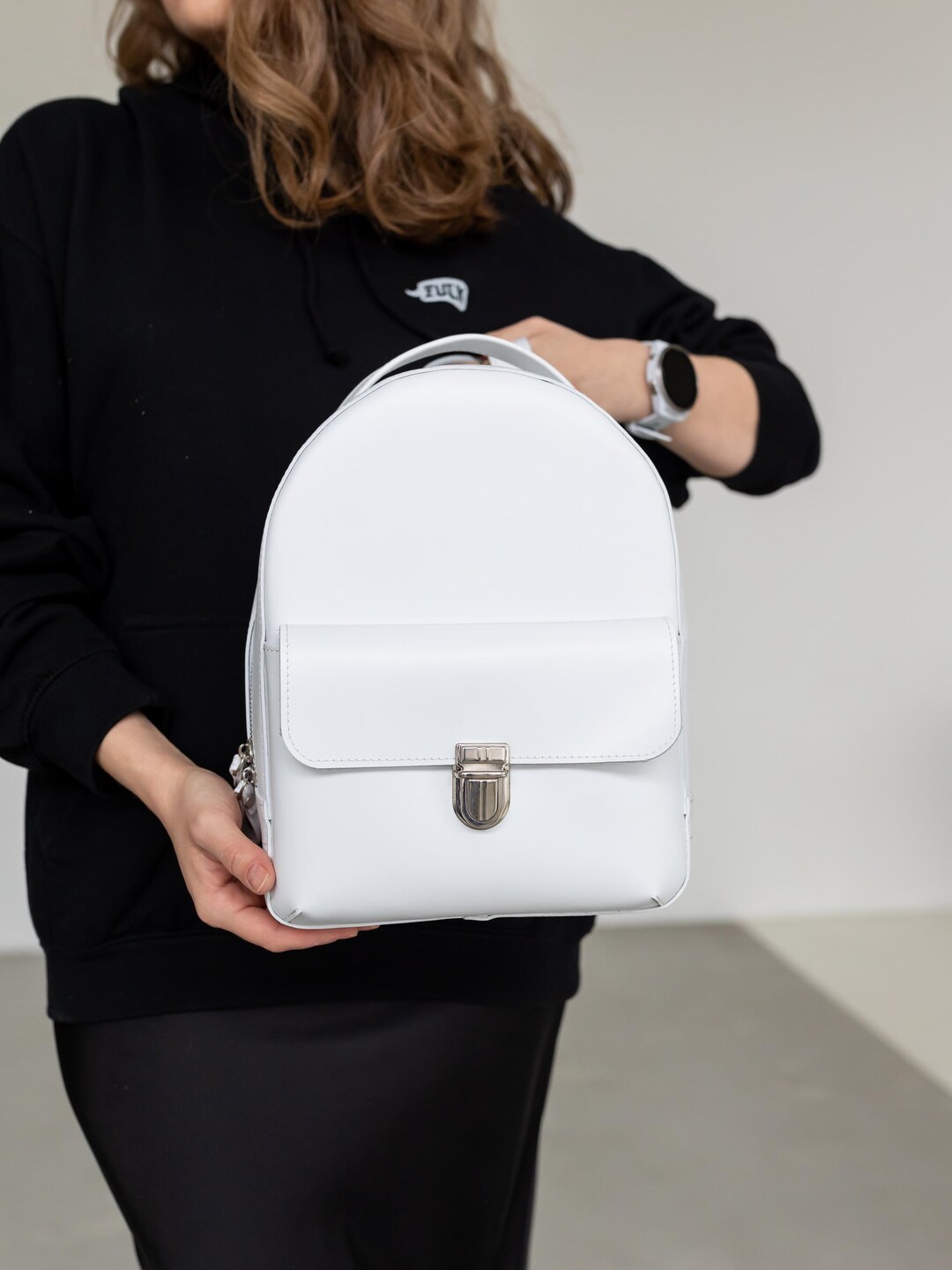 White Leather Mini Backpack, Women City Travel Rucksack, Small Everyday ...