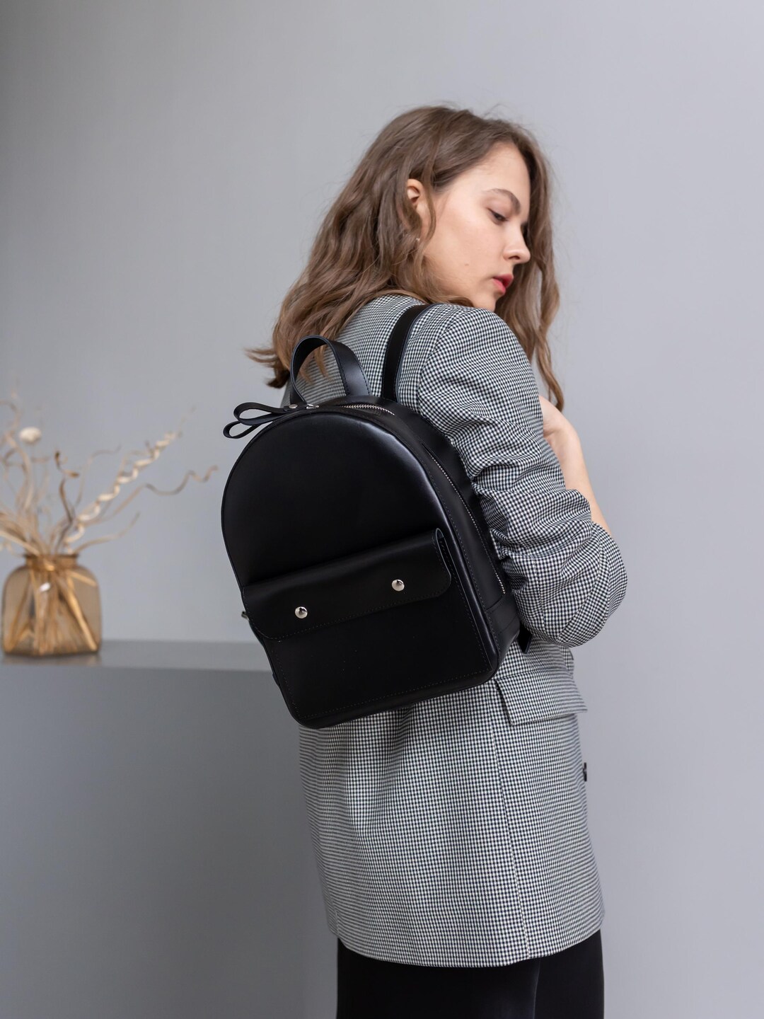 Small Black Women Rucksack, Leather City Daypack, Minimalist Everyday ...
