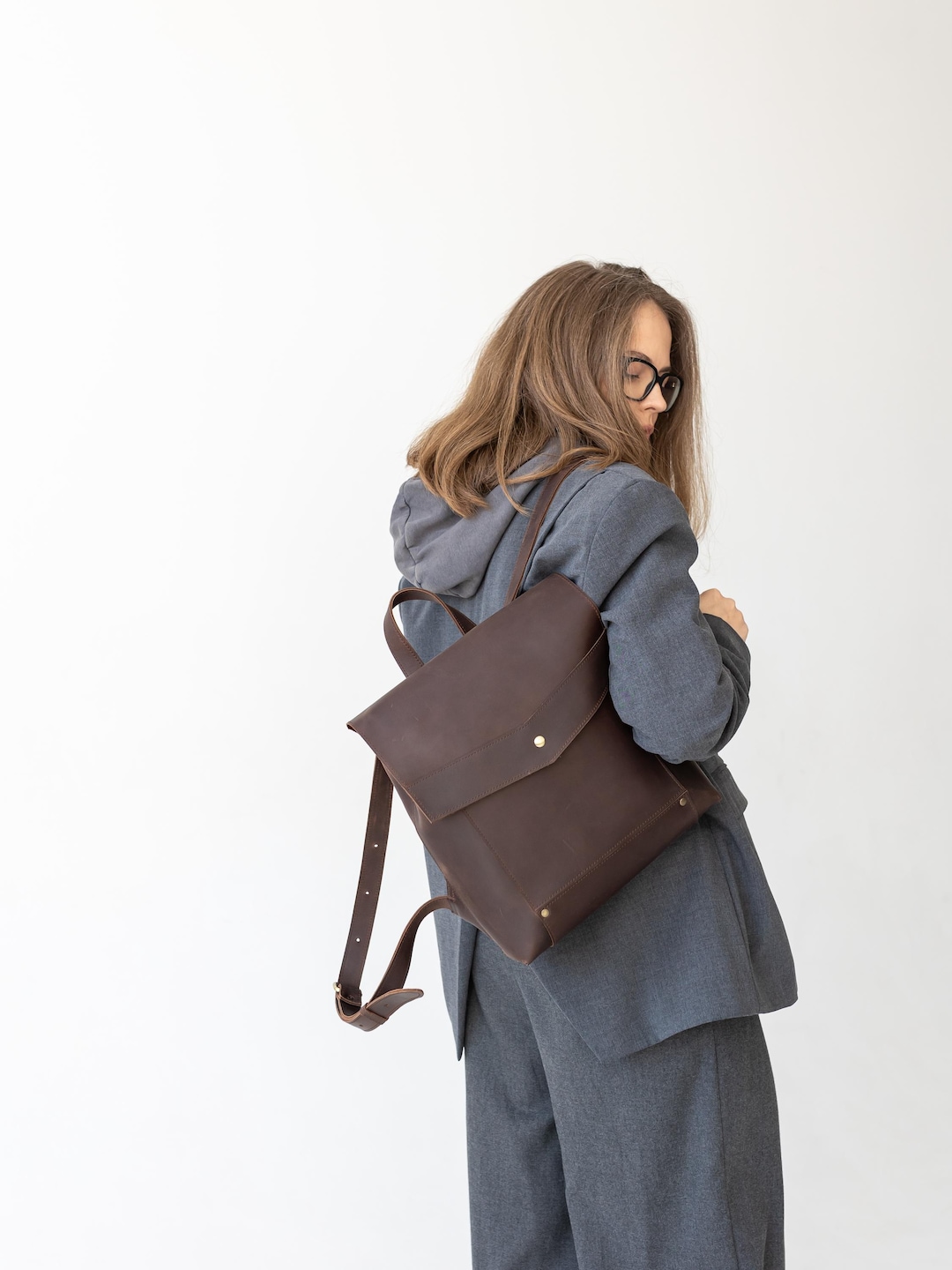 Brown Office Women Backpack, Leather Rucksack, City Everyday Knapsack ...