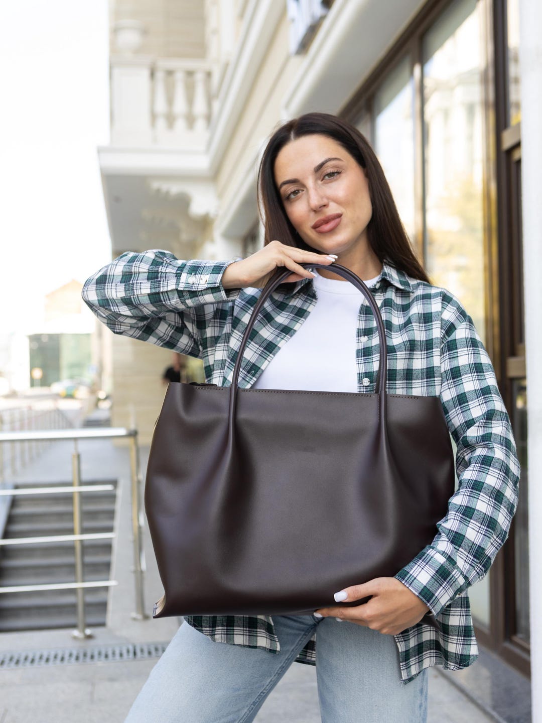 Genuine Leather Office Purse, Large Work Handbag, Shoulder Shopper for ...