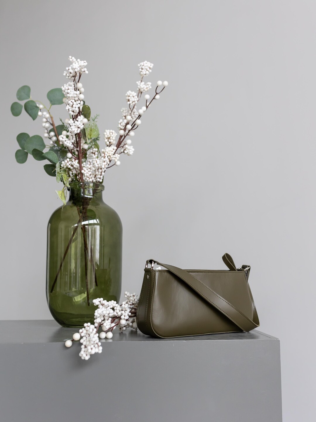 Leather Shoulder Purse, Green Olive Handbag, Small Everyday Bag ...