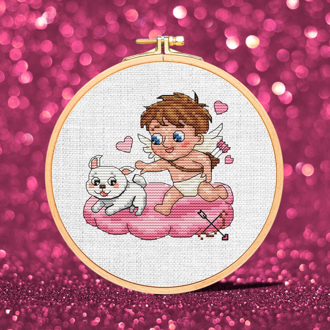 Cross Stitch Pattern - Cupid and Dog | Valentine Embroidery | Angel ...