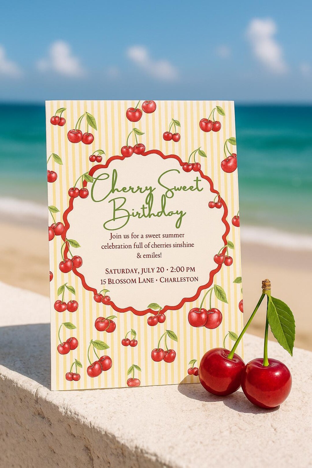 Editable Cherry Birthday Invitation, Summer Party Invite Template ...