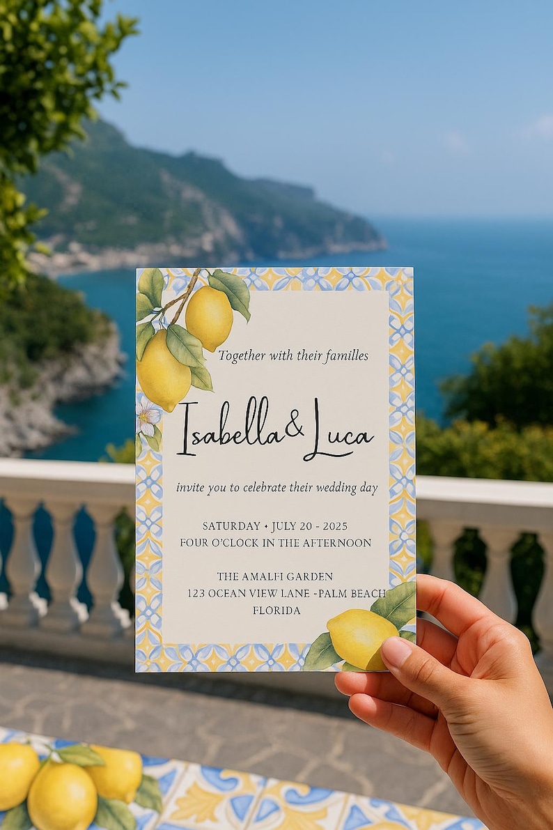 Editable Lemon Wedding Invitation Canva Template | Mediterranean Citrus ...