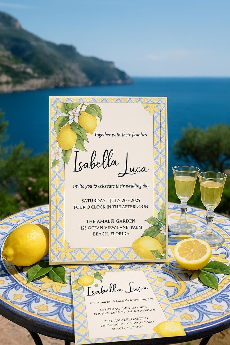 Editable Lemon Wedding Invitation Canva Template | Mediterranean Citrus ...